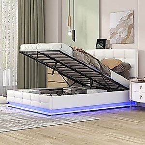 BIADNBZ Full Size Tufted Upholstered Platform Bed with Hydraulic Storage System, Lift Up Storage Bedframe w/LED Lights and USB Charger, White