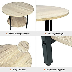 TOYSINTHEBOX Round Coffee Tables, Accent Table Sofa Table Tea Table with Storage 2-Tier for Living Room, Office Desk, Balcony, Wood Desktop and Metal Legs, White Oak 27.6 Inches