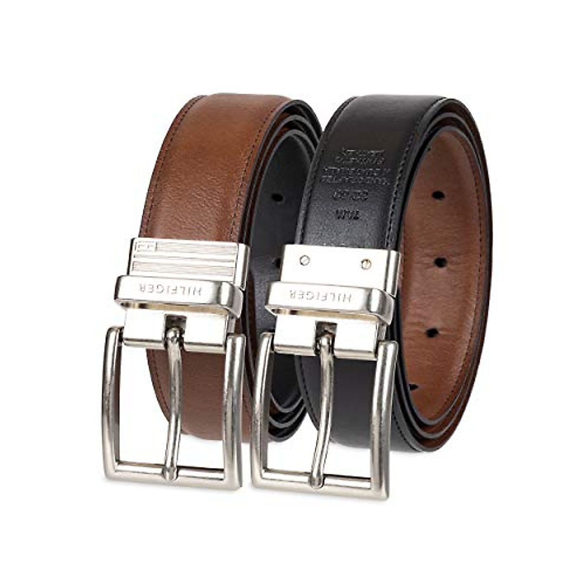 Tommy Hilfiger Men's Reversible Leather Belt - Casual for Mens Jeans with Double Sided Strap and Silver Buckle , cognac/black, 34