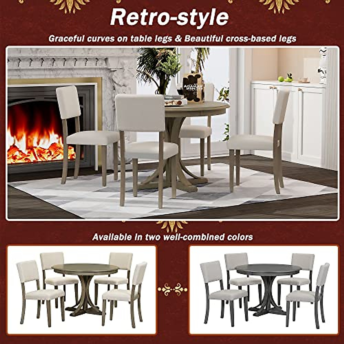 Dinehome 5-Piece Wooden Round Kitchen Dining Table Set with Curved Trestle Style Legs and 4 Upholstered Chairs, Taupe