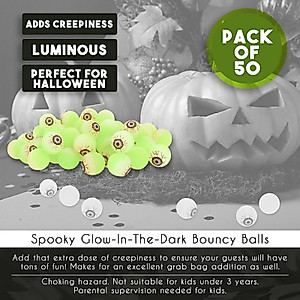 Juvale 50-Pack Glowing Eyeball Bouncy Balls for Kids, Glow in The Dark Halloween Party Supplies, Fun Spooky Eyeballs for Halloween Parties and Themed Celebrations, Decoration Supplies (1 in)