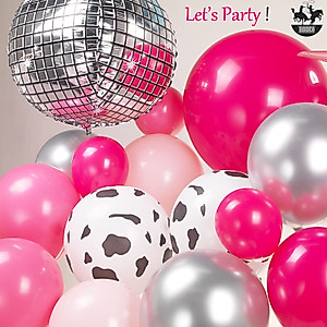 Hot Pink Silver Cow Balloon Garland Kit 157pcs Cow Print Disco Ball Star balloons for women birthday cowgirl last rodeo bachelorette party decorations