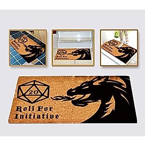 Roll for Initiative Welcome Mat Brown Coir Funny Doormat Printed with Dragon and D20 Roleplaying Tabletop RPG Gaming Non-Slip Backing Door Mat, 30"x18"