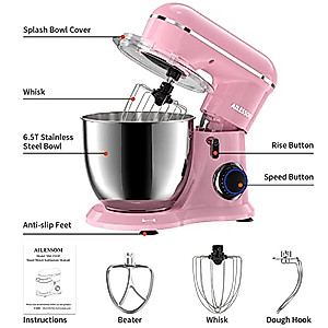 AILESSOM 3-IN-1 Electric Stand Mixer, 660W 10-Speed With Pulse Button, Attachments include 6.5QT Bowl, Dough Hook, Beater, Whisk for Most Home Cooks, Sakura Pink
