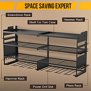 Power Tool Organizer, Drill Holder Wall Mount, Storage Rack for Cordless Drill, Heavy Tool shelf with Screwdriver Holder/Pliers Holder/Hammer