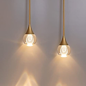 PARTPHONER LED Crytal Pendant Light, 1-Light Gold Hanging Light Fixture with Brushed Brass Finish, Mini Glass Globe Teardrop Pendant Lighting for Kitchen Island Dining Room Bedroom Bar