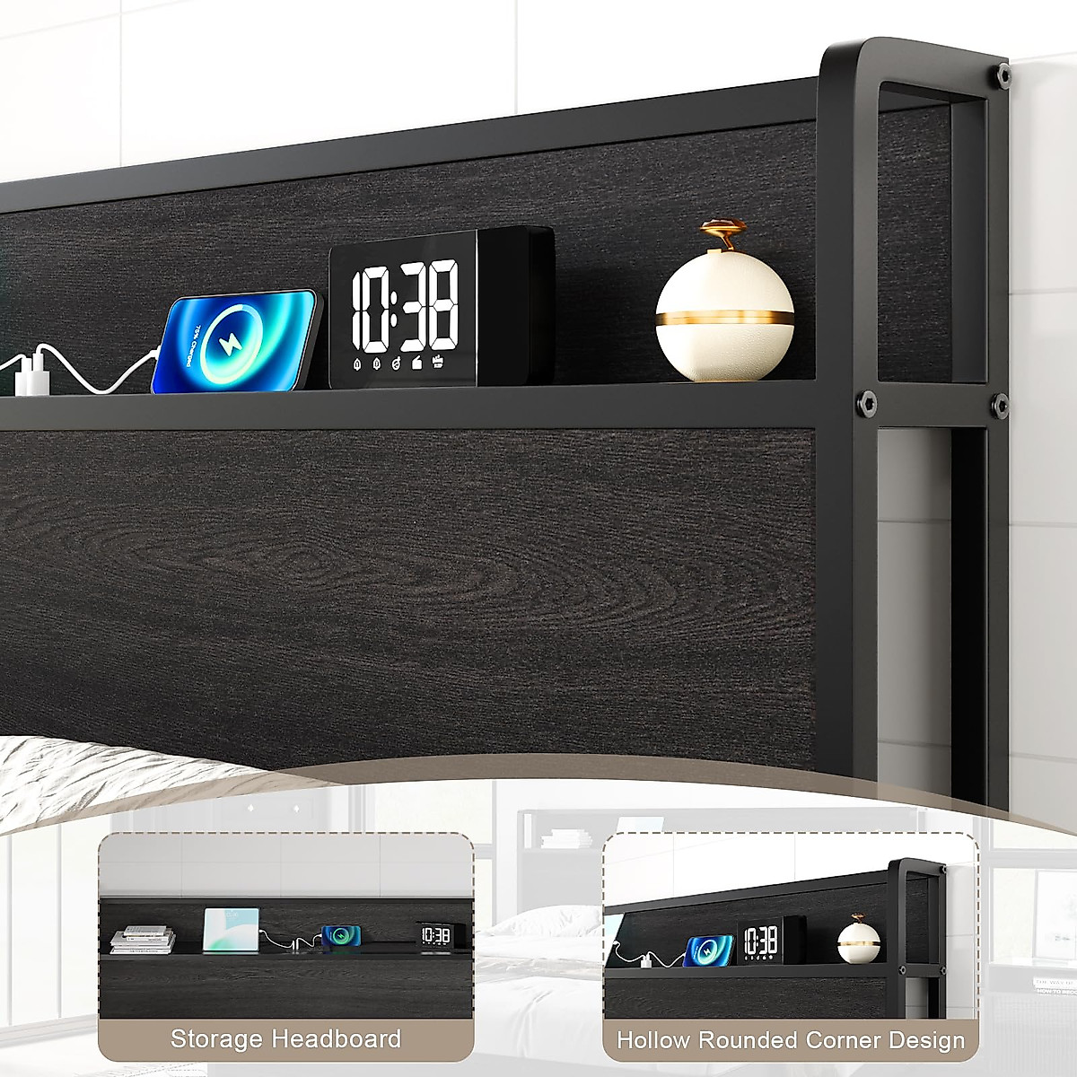 Amerlife Queen Size Lift Up Storage Bed Frame, Wooden Platform Bed Frame with Lifting Storage & Charging Station, No Spring Box Needed/Noise Free, Black