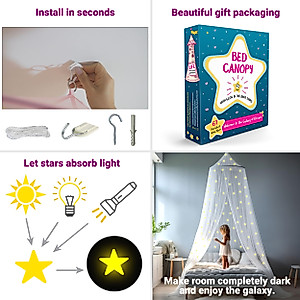 Canopy for Girls Bed with Pre-Glued Glow in The Dark Stars - Princess Mosquito Net Room Decor - Kids & Baby Bedroom Tent with Galaxy Lights - 1 Opening Canopy Bed & Hanging Kit Included