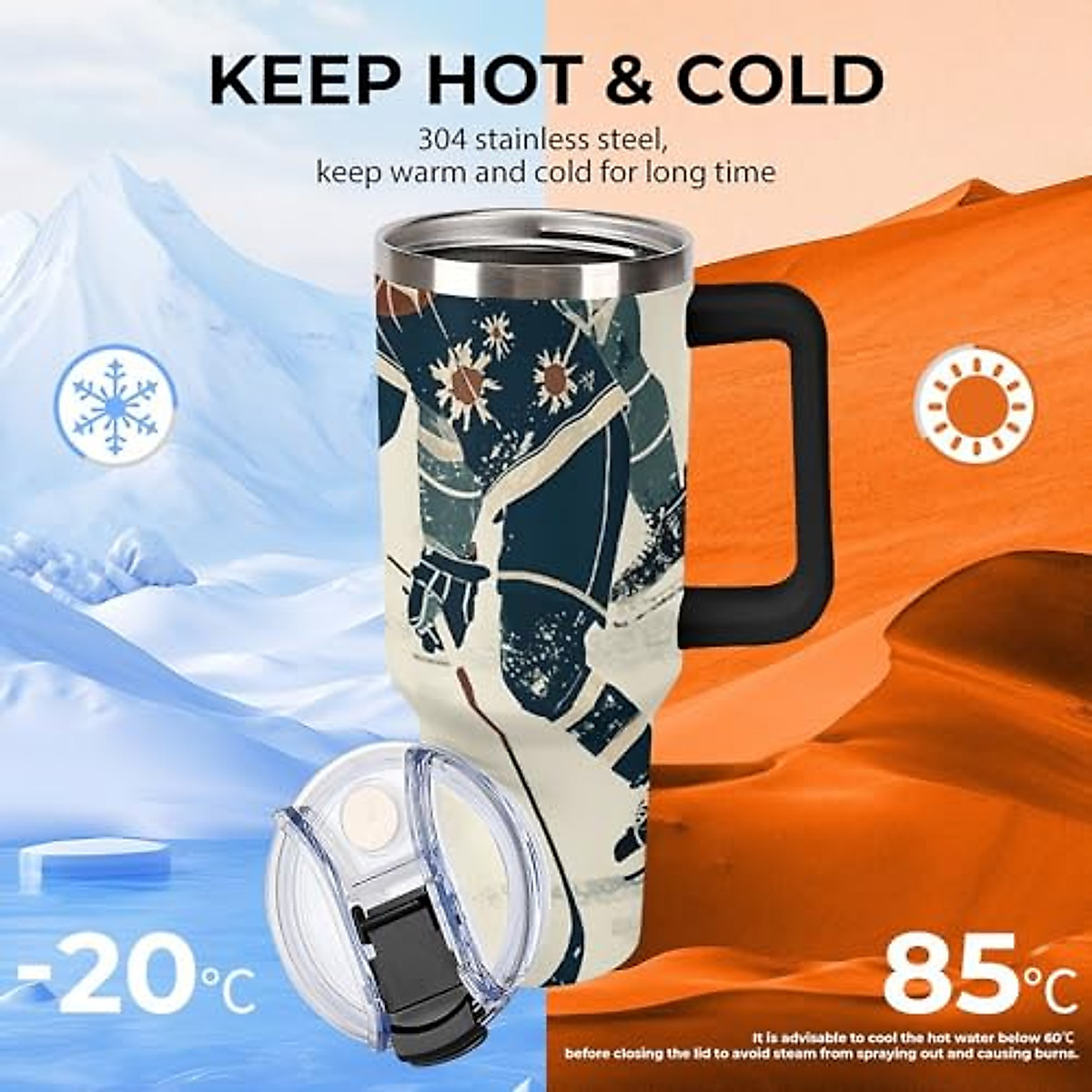 LLUTSNTH 40 Oz Vacuum Tumbler with Black Handle Leakproof Insulated Tumbler Ice Hockey Pattern Stainless Steel Travel Mug with Lid And Straw Coffee Cup Cute Water Bottles Cup Holder Friendly