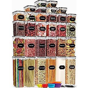 30 Pack Airtight Food Storage Containers for Kitchen Pantry Organization and Storage, BPA-Free, PRAKI Plastic Storage Canisters with Lids - Cereal, Flour and Sugar, Include 40 Labels, 6 Spoon & Marker