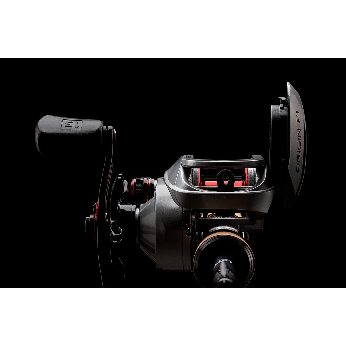 13 FISHING - Origin F1 Baitcast Reel - 6.6:1 Gear Ratio - Right Hand Retrieve (100 Size) (Fresh) - OF1-6.6-RH, Silver/Black/Red