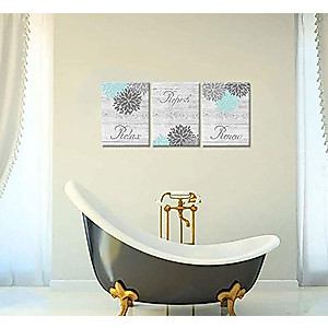 Zlove 3 Pieces Floral Bathroom Wall Art Prints Dahlia Flowers Relax Refresh Renew Signs Blue Grey Artwork Stretched and Framed for Bedroom Living Room Ready to Hang 12x16inchx3pcs