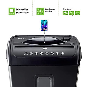 Aurora High-Security 6-Sheet Micro-Cut Paper Credit Card Shredder with 3.5-Gallon Wastebasket, 4-Minute Continuous Running Time, Security Level P-4