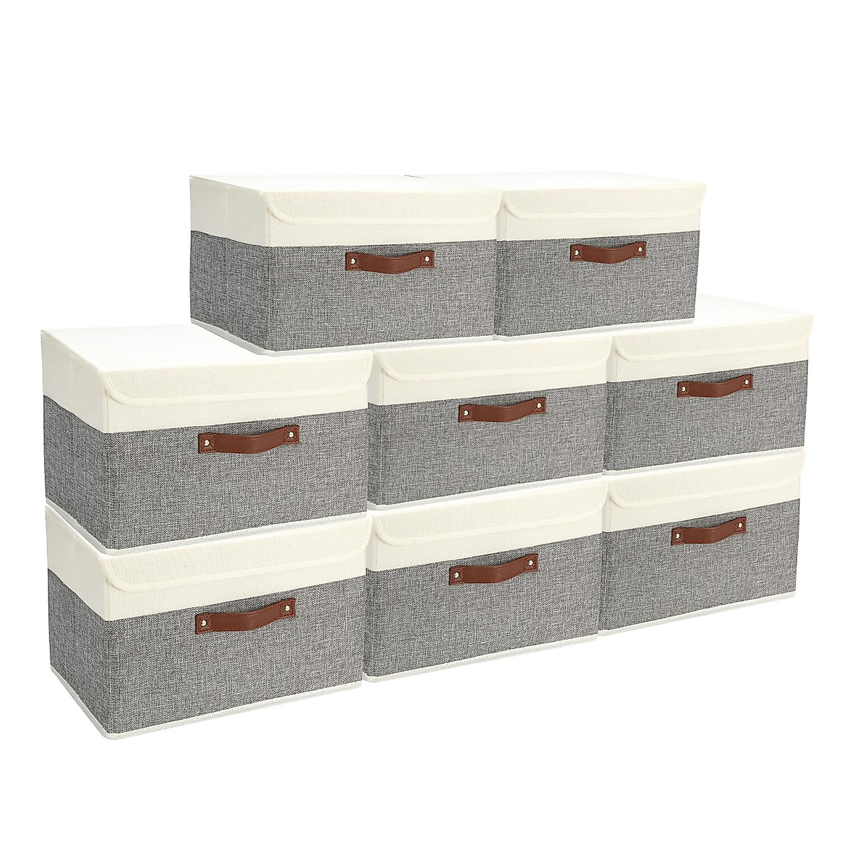 8 Pack Storage Bins Foldable Storage Boxes Fabric Storage Box with Lid & Handle Large Washable Storage Organizer Bulk for Office, Home, Books, Clothes, Bedroom, Closet, (15INx10INx10IN White/Grey)