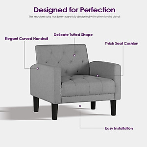 TYBOATLE Light Grey Linen Fabric Mid-Century Modern Sofa Set 3 Pieces, Tufted Linen Fabric USB Loveseat Couch with 2 Cupholders and 2 Accent Armchairs for Living Room, Bedroom, Apartment