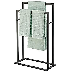 mDesign Metal Tall 2-Tier Free-Standing Towel Rack Holder for Bathroom Storage and Organization, Floor Stand Holds Bath, Hand Towels; Great for Guest, Half, Kids' Bathrooms - Matte Black