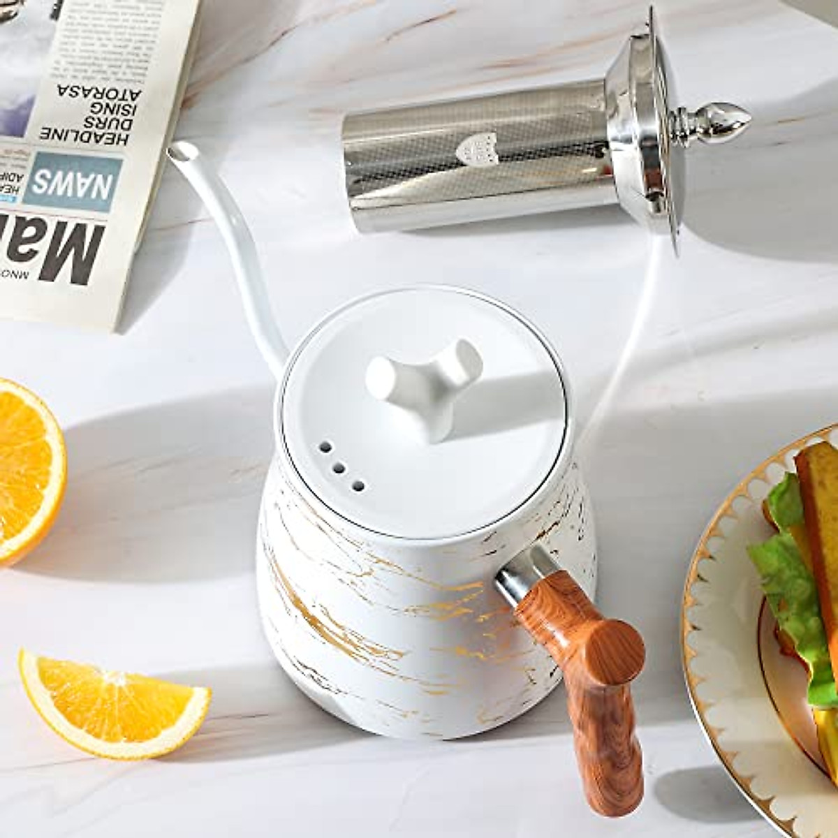 Zalnuuk Tea Kettle, Tea Pot with Tea Infuser, Pour Over Coffee Gooseneck Kettle for Induction & Electric Stovetops (No Gas), 1.5L/50OZ, White