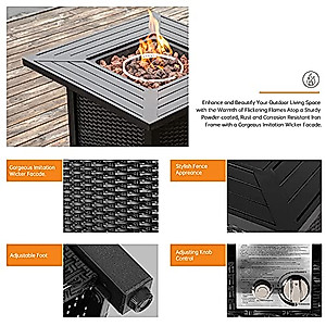 HOMPUS Outdoor Propane Fire Pit Table 28-inch 40,000 BTU Imitation Wicker Square Glass Top Fire Table with Lava Rocks,Rain Cover Gas Smokeless Fire Pit for Outside Patio,Garden,Deck,Backyard
