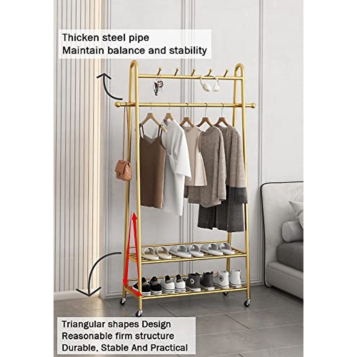 MAIKAILUN Clothes Rack Gold, Freestanding Coat Rack Modern Rolling Garment Rack with Wheels and Bottom Shelves, Industrial Heavy Duty Pipe Clothing Rack Wardrobe Closet for Boutique Display (39" L)