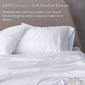 Everspread 100% Cotton Bed Sheets. Full Size - Pinstripe. 4 Piece Sheet Set. Soft Washed Percale. Natural Long Staple Cotton. Cool & Breathable Bedding. Deep Pocket Fits Mattress up to 18 inches