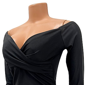 Fastkoala Women's Sexy V Neck Off Shoulder Ruched Bodycon Dress Long Sleeve Slim Fit Midi Dress Night Club Party Dresses Black 2XL