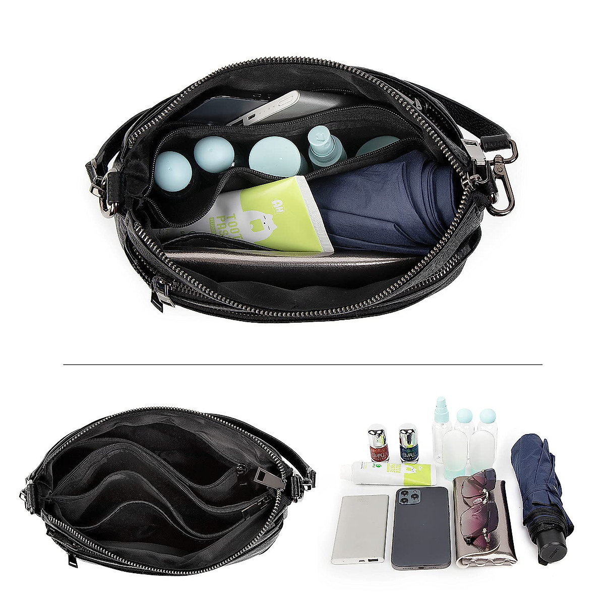 Pearl Angeli Crossbody Bags for Women Genuine Leather Shoulder Bag Multi-Pocket Messenger Bag Ladies Handbag Purse Black