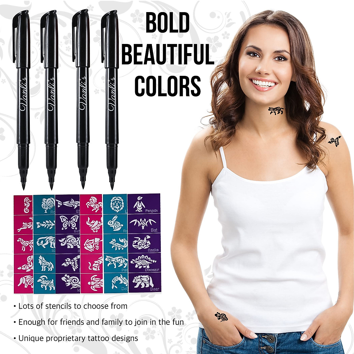 Vanli's Temporary Tattoo Markers for Skin With 30 Unique Tattoo Stencils. Black Tattoo Pens for Skin Temporary. Skin Safe, Great Stocking Stuffer For Kids, Teens and Adults