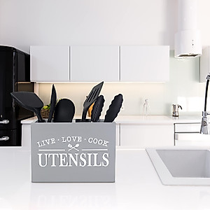 Karisky Kitchen Utensil Holder with Removable Bottom Large 2 Compartments Utensil Organizer Farmhouse Utensil Caddy for Countertop Decor, 9 x 7 x 5 Inch, Black