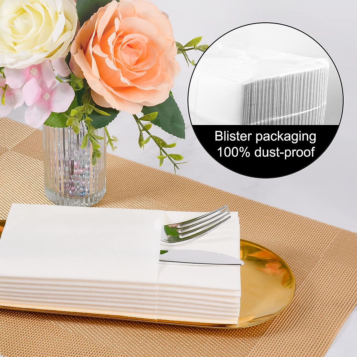 White Dinner Napkins Disposable - 100Pack Linen-Feel Paper Napkins with Built-in Flatware Pocket, Prefolded Cloth Like Paper Napkins Bulk For Dinner, Wedding, Party or Everyday Use