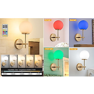 jengush LED Battery Operated Wall Sconce Fixture Set of 2, Modern Globe Glass Shade, Wall Light with Remote Control Dimmable，not Hardwired Sconce Fixture Easy to Install Not Wires(Color : Gold-05)