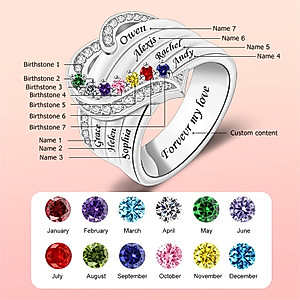 Her Gift Personalized Mother Rings with 1-8 Birthstones Heart Family Ring Custom Engraved Name Ring for Mom Women Grandma Wife (7 Names & Birthstones)
