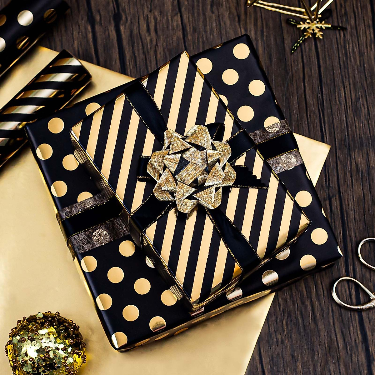 Retrify Wrapping Paper Roll - 3 Mini Rolls Black Gold Foil Polka Dots Stripes Gift Wrap Paper for Birthday, Christmas, Father's Day, All Occasions - 17 Inch x 120 Inch Per Roll