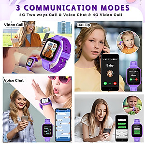 cjc 4G Kids Smart Watch with GPS Tracker and Calling, 2 Way Call SOS Kids Cell Phone Watch, Touch Screen Watch,3-15 Years Boys Girls Birthday (t10 Purple)