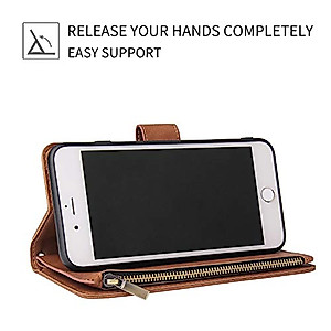 UEEBAI Wallet Case for iPhone SE 2022 5G/iPhone 7/iPhone 8/iPhone SE 2020, Premium PU Leather Magnetic Handbag Zipper Pocket Card Slots with Wrist Strap Flip Case for iPhone SE3/SE2 - Brown