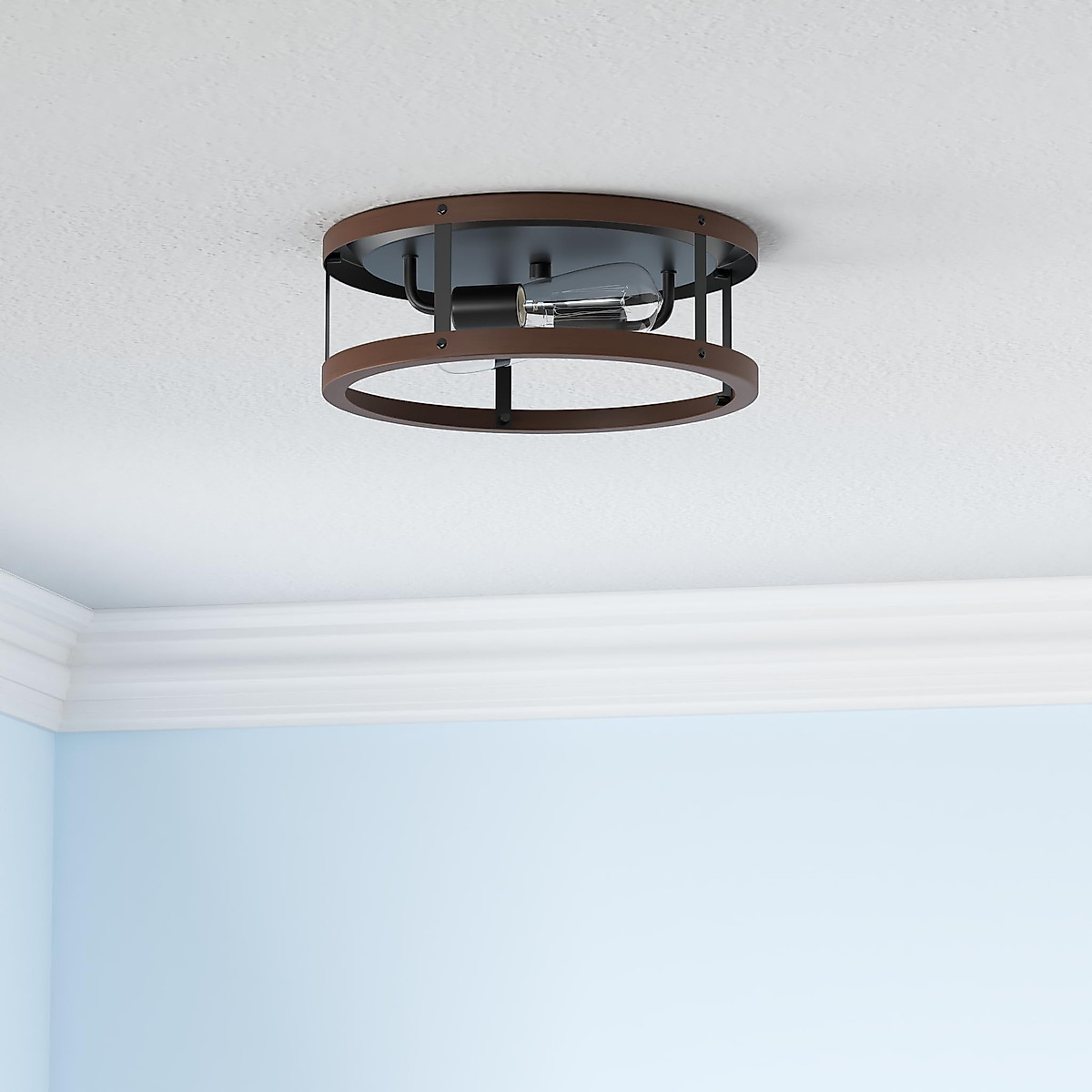 EAPUDUN Farmhouse Flush Mount Ceiling Light, 13" Imitation Wood 2-Light Fixture, Retro Style Lamp for Hallway, Entryway, Bedroom, Kitchen, Dining Room (FMA1138-FBDT)