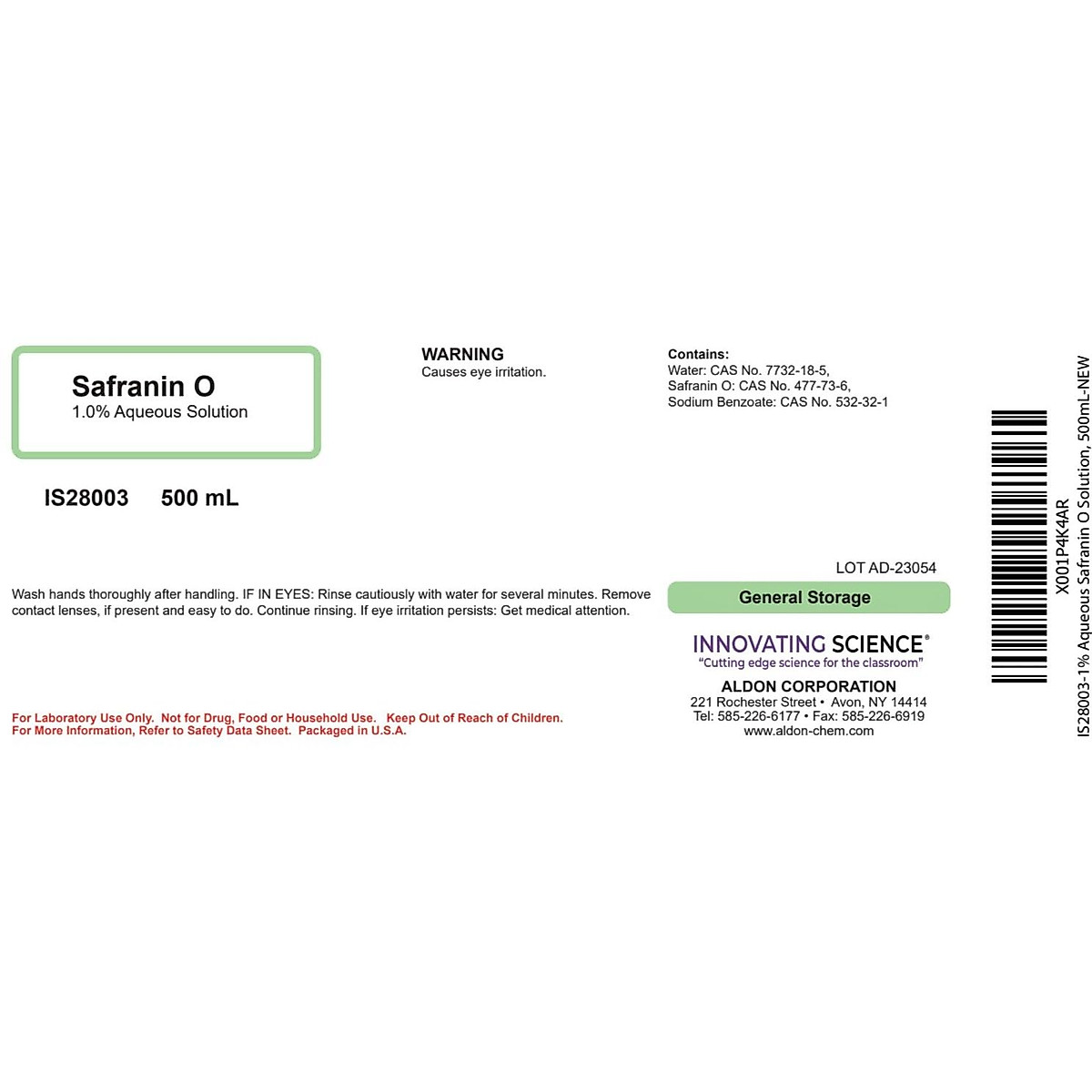 ALDON Innovating Science 1% Aqueous Safranin O Solution, 500mL - The Curated Chemical Collection