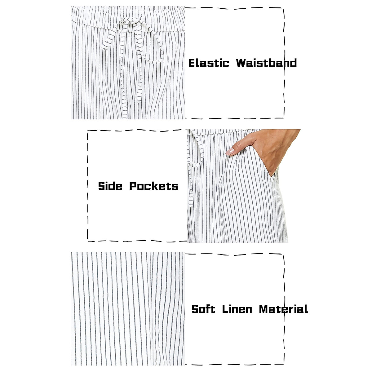 LNX Womens Linen Pants High Waisted Wide Leg Drawstring Casual Loose Trousers with Pockets (X-Large, Striped-Navy)