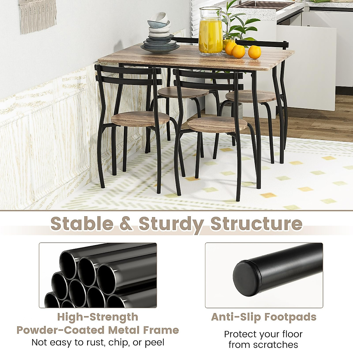 Giantex 5-Piece Dining Table Set, Modern Rectangular Dining Table & 4 Armless Chairs with Metal Frame, Kitchen Dining Room Furniture Set for 4, Space-Saving Dinette Set for Breakfast Nook, Natural