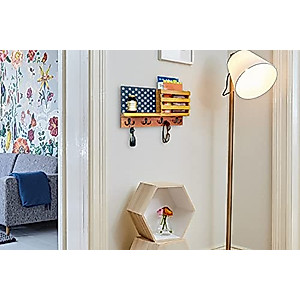 American Flag Key Holder & Organizer with Shelf for Wall. Crafted of Natural Fir Wood, Hand Painted in Patriotic Red, White, Blue. Unique Design, Decor Accent for Entry, Office, Living Room, Bedroom