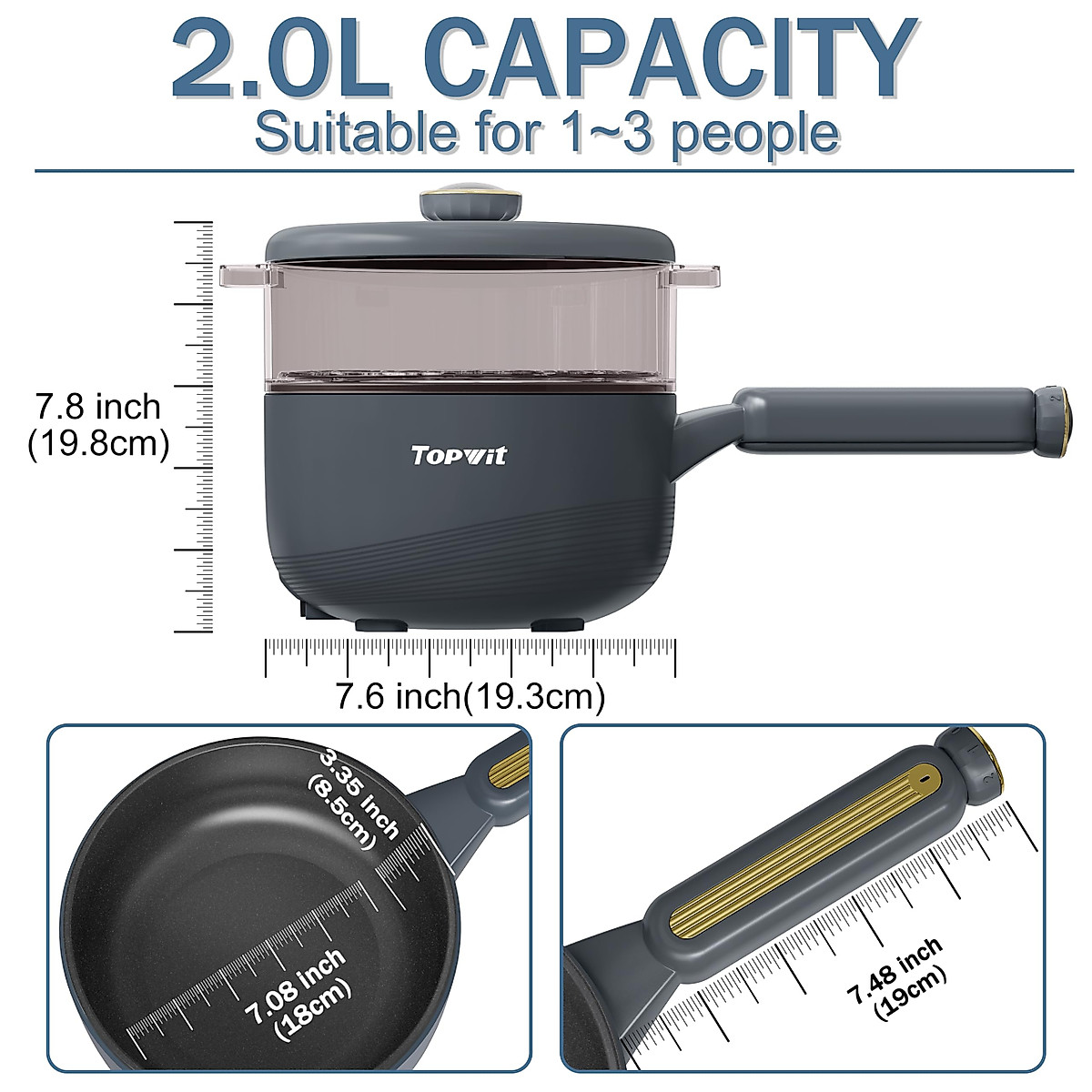 TOPWIT Hot Pot Electric with Steamer, 2L Multifunctional Electric Pot, Non-Stick Fring Pan, Portable Pot for Steak, Fried Rice, Ramen, Soup with Dual Power Control (Silicone Spatula Included), Grey