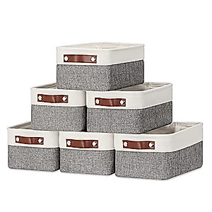 DULLEMELO Small Storage Baskets 6 Pack, Fabric Collapsible Gift Storage Baskets for Shelves, Closets, Nursery, Home, Office Organizing,Small Canvas Linen Rectangular Storage Bins (6-Pack, White&Grey)