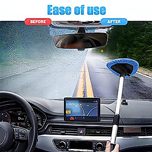 Windshield Cleaning Tool, Car Window Cleaner with Extendable Long Handle and 4 Washable Reusable Microfiber Pads, Auto Interior Exterior Glass Wiper Cleaning Kit Universal for Office and Home (Blue)
