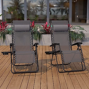 Flash Furniture Celestial Adjustable Folding Mesh Zero Gravity Reclining Lounge Chair with Pillow and Cup Holder Tray in Gray, Set of 2