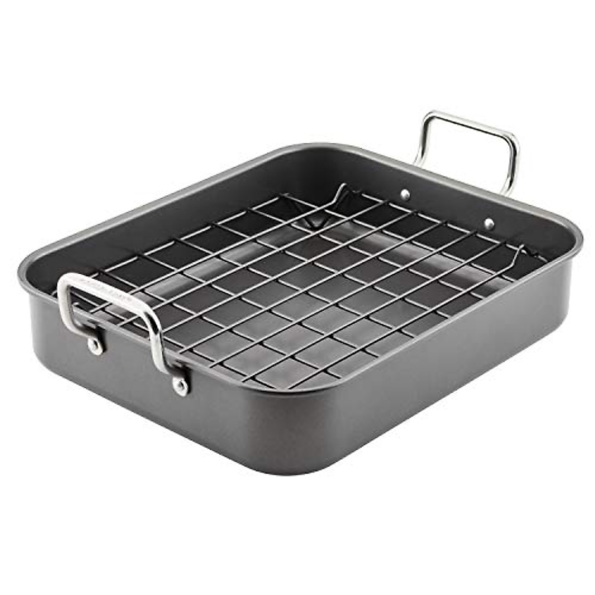 Rachael Ray Bakeware Nonstick Roaster/Roasting Pan with Reversible Rack, 16.5 Inch x 13.5 Inch, Gray