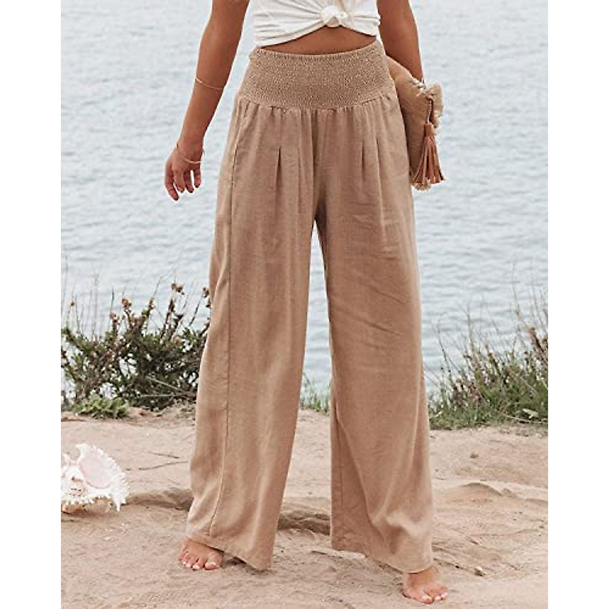 Vansha Women Summer High Waisted Cotton Linen Palazzo Pants Wide Leg Long Lounge Pant Trousers with Pocket Khaki S