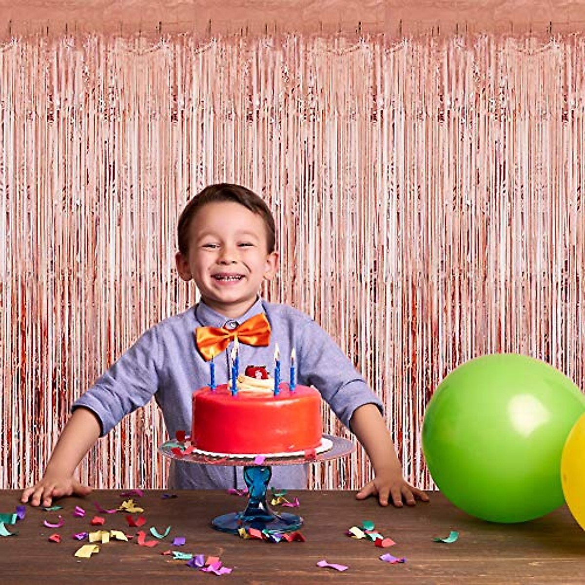 3Pcs Rose Gold Metallic Tinsel Foil Fringe Curtains, Rose Gold Foil Fringe Curtain Backdrop Metallic Tinsel Streamers Backdrop for Birthday Baby Shower Party Photo Booth Props Decoration