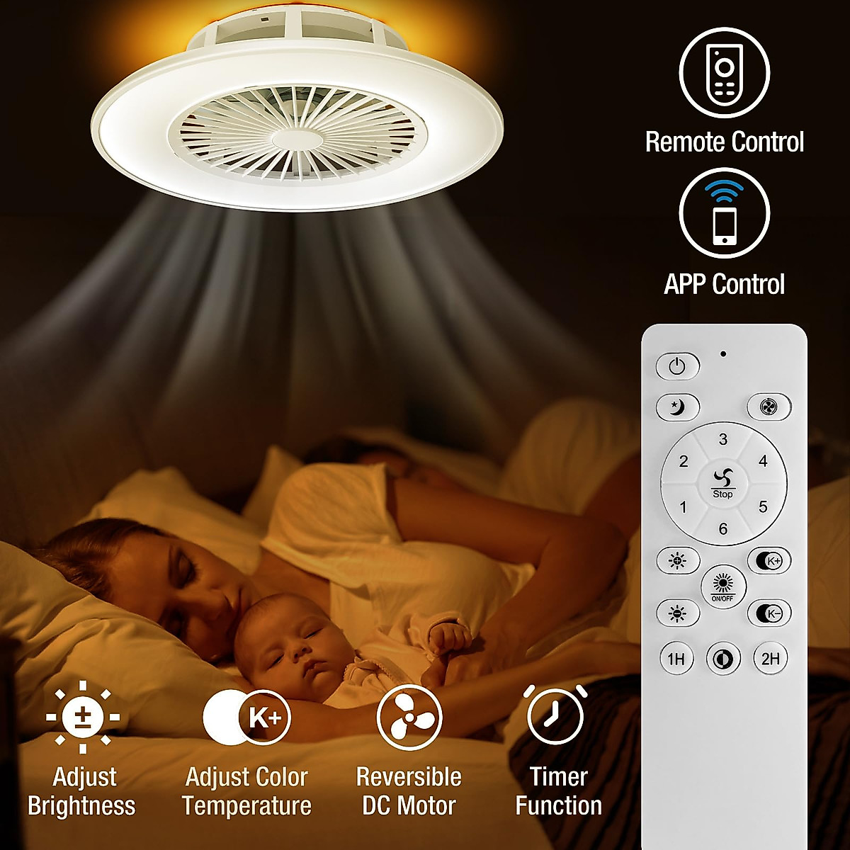 22 Inch Ceiling Fan with Lights Remote Control, Bladeless Bedroom Ceiling Fans with Lights Dimmable, 6 Speeds LED Ceiling Fan Quiet, Night Light/Color Temperature Adjustment/Timing Off/App Control