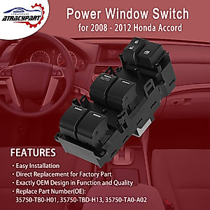 Master Power Window Switch Front Left Driver Side | for 2008-2012 Honda Accord | Replaces# 35750-TB0-H01, 35750-TBD-H13, 35750-TA0-A02