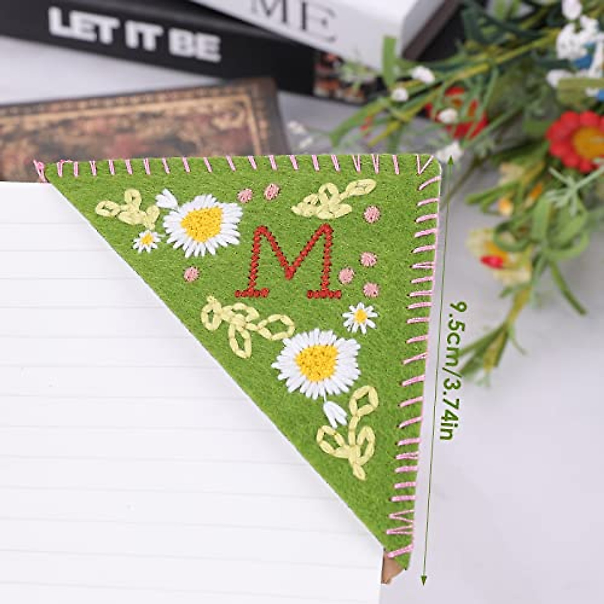 TIESOME Personalized Hand Embroidered Corner Bookmark, Hand Stitched Felt Corner Letter Bookmark Felt Triangle Bookmark Cute Flower Letter Embroidery Bookmarks for Book Lovers (M, Summer)