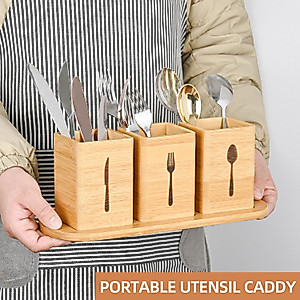 GEHE Silverware Caddy for Countertop, Natural Bamboo Utensil Caddy for Parties, Utensil Holder with 3 Compartment, Silverware Organizer Storage Containers for Spoons, Forks and knives